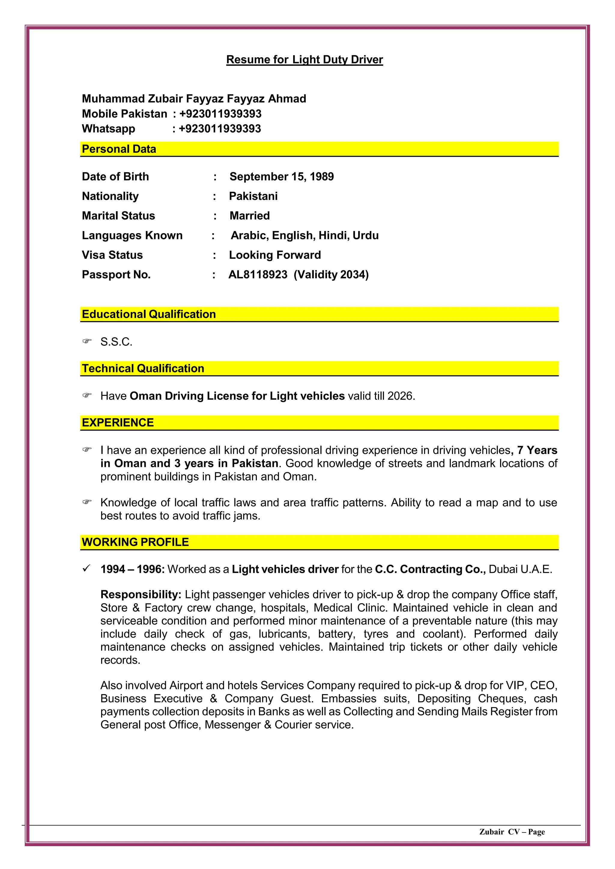 resume of LTV driver who is seeking a job | PDF