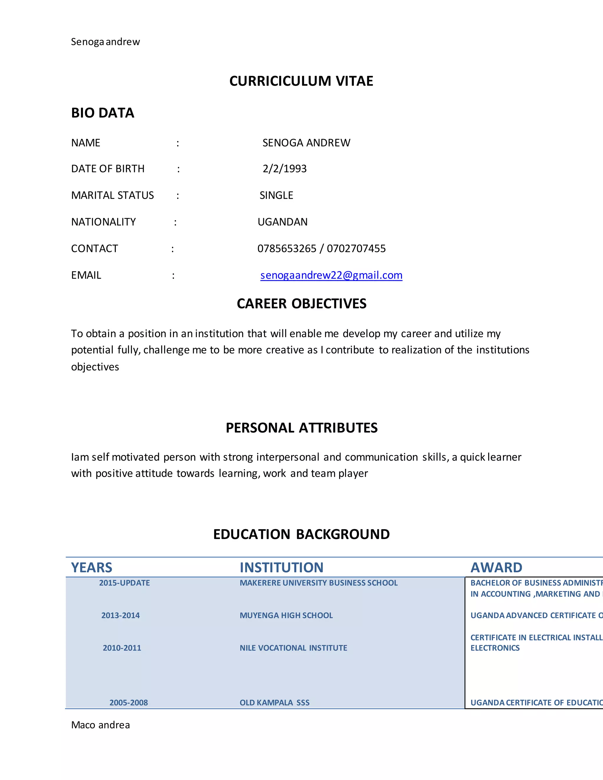 SENOGA ANDREW CV | PDF