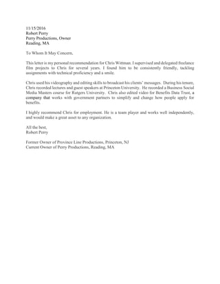 Chris Wittman Recommendation Letter 1 | PDF | Video Production ...