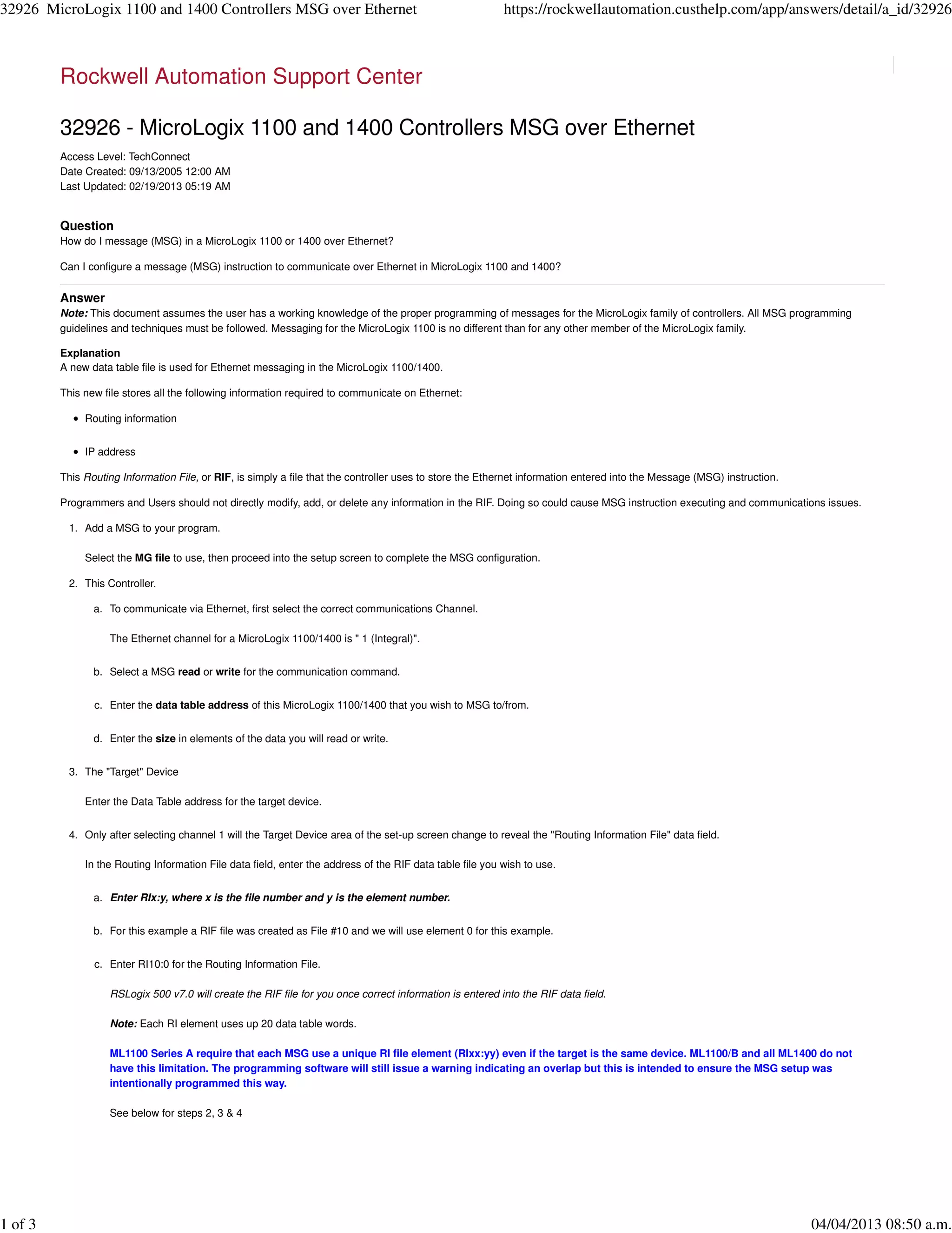 32926 micro logix 1100 and 1400 controllers msg over ethernet | PDF