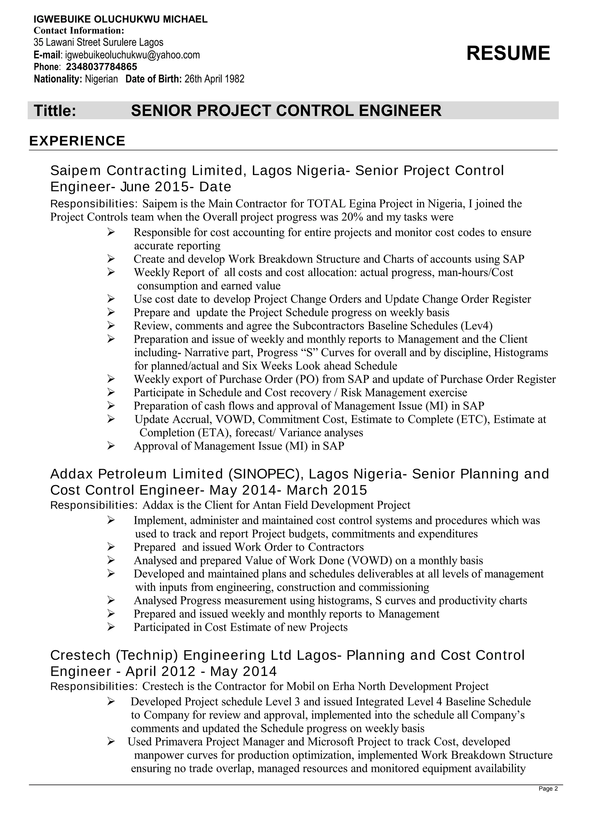 Igwebuike CV_Project Control Engineer | PDF