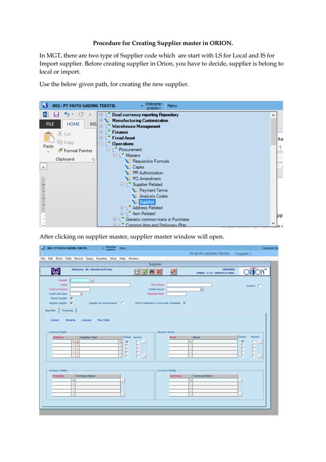 Procedure for Creating Supplier master in ORION | PDF | Business | Business and Finance