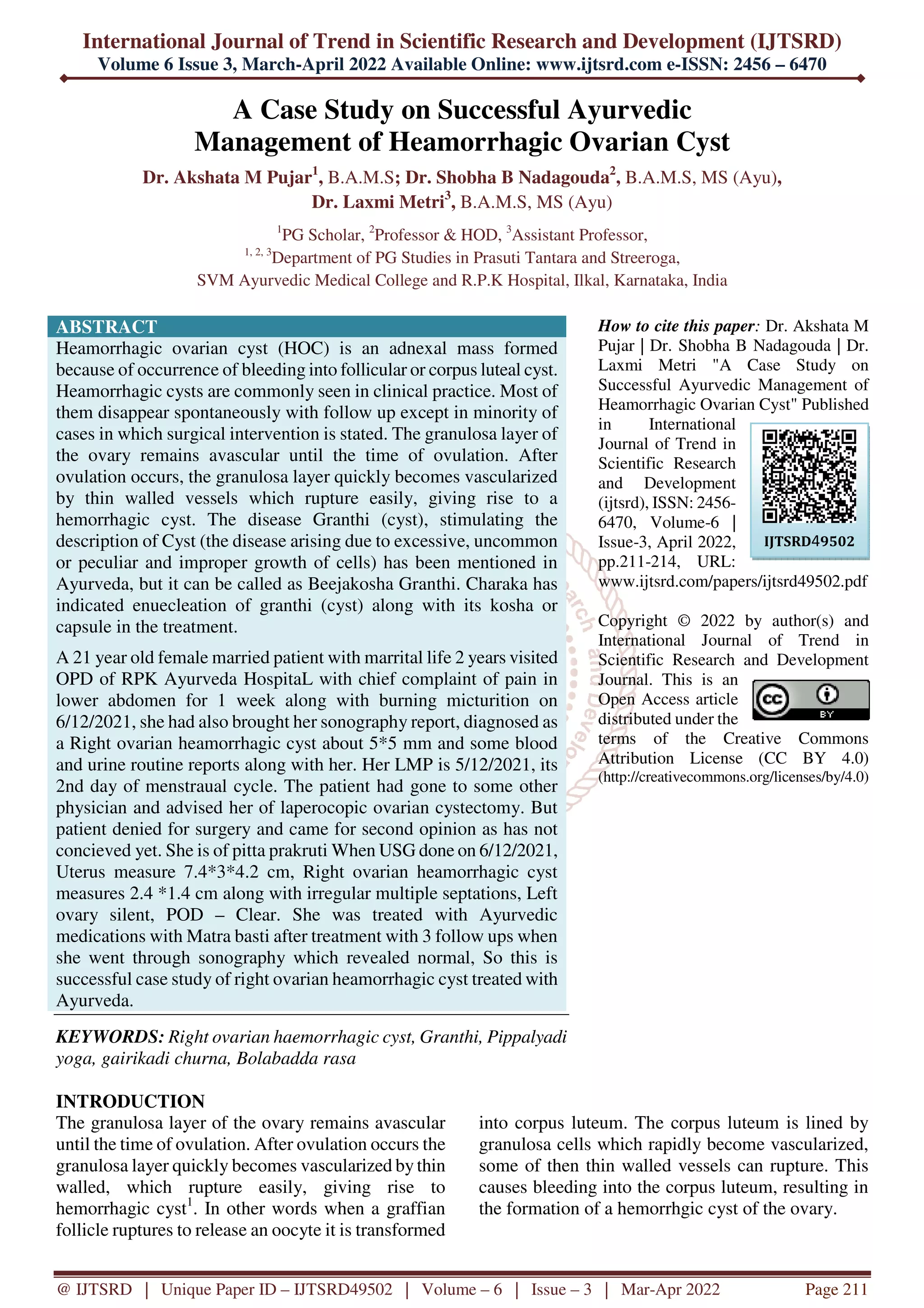 A Case Study on Successful Ayurvedic Management of Heamorrhagic Ovarian ...