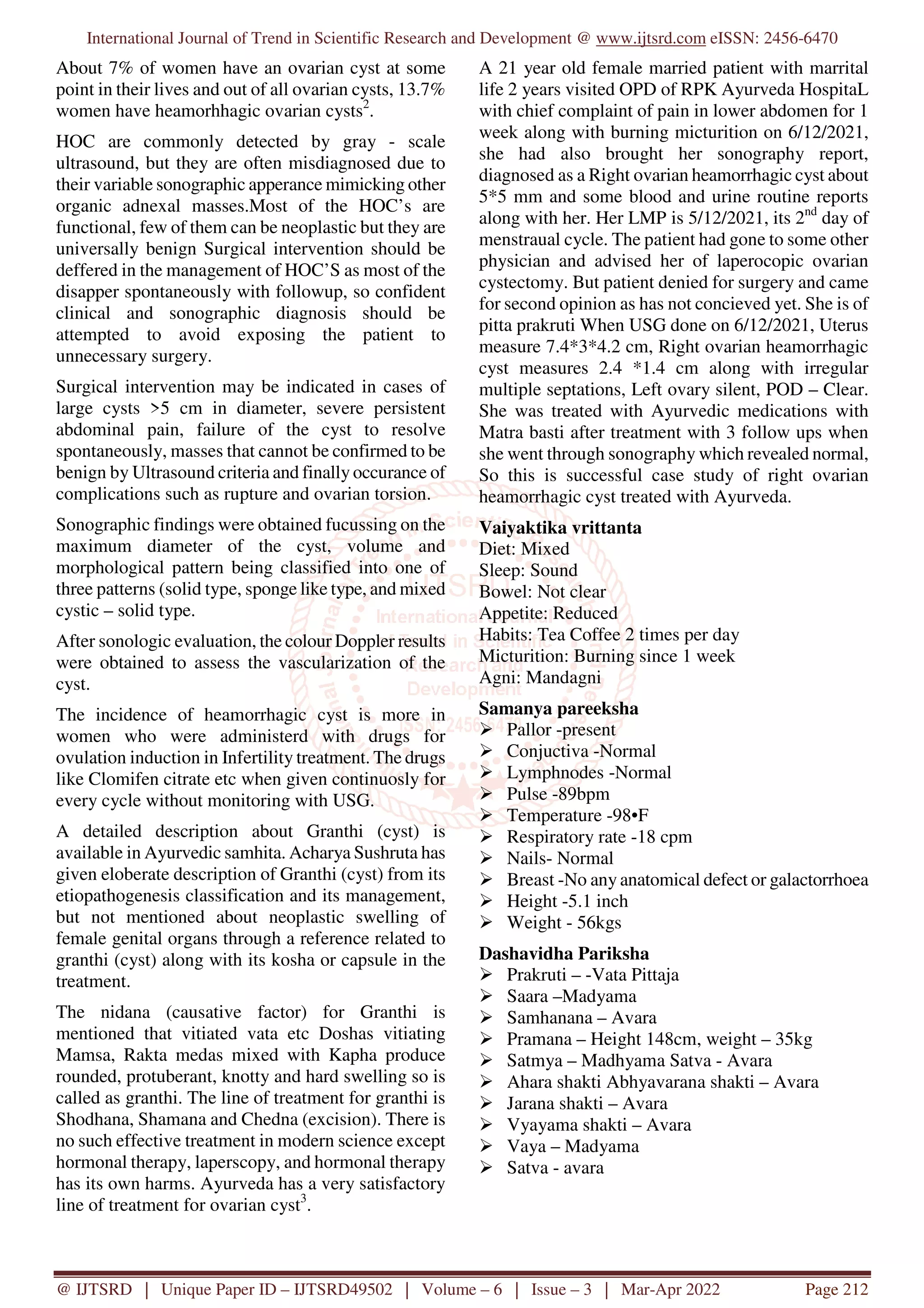 A Case Study on Successful Ayurvedic Management of Heamorrhagic Ovarian ...