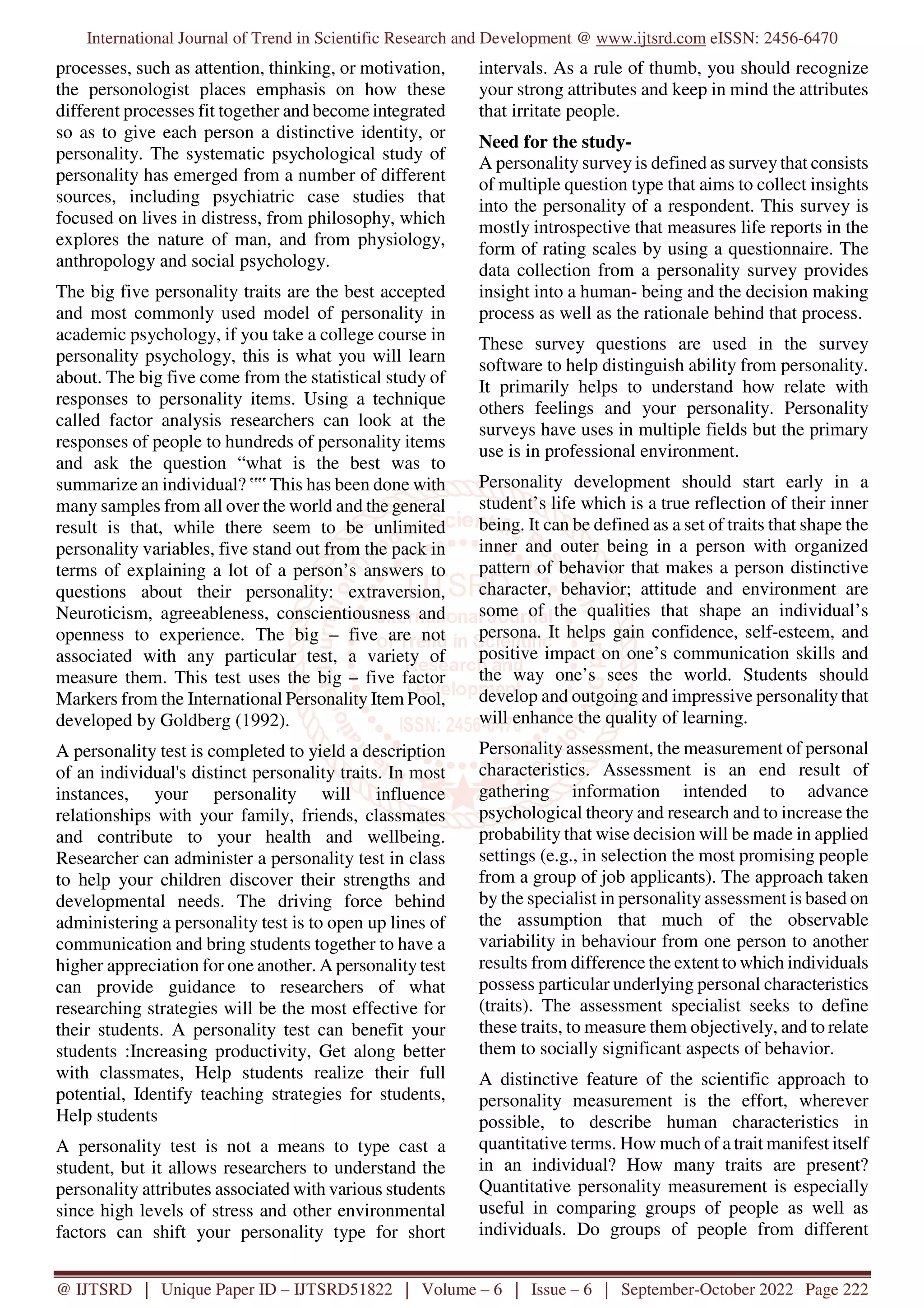 A Descriptive Design to Assess the Personality of B.Sc. Nursing ...