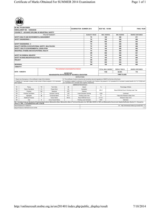 msbte marksheet | PDF | Educational Assessment | Education
