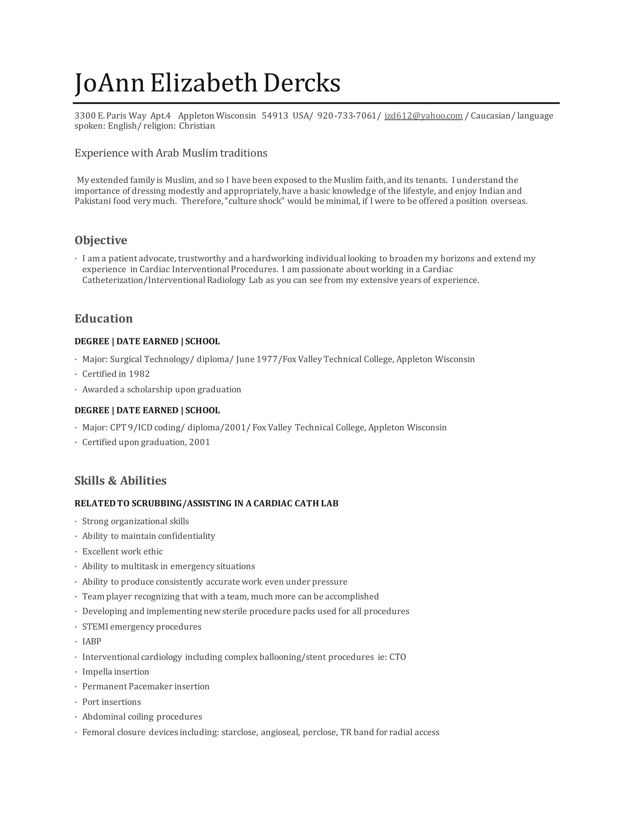 JoAnn Elizabeth Dercks resume | DOCX | Heart and Cardiovascular ...