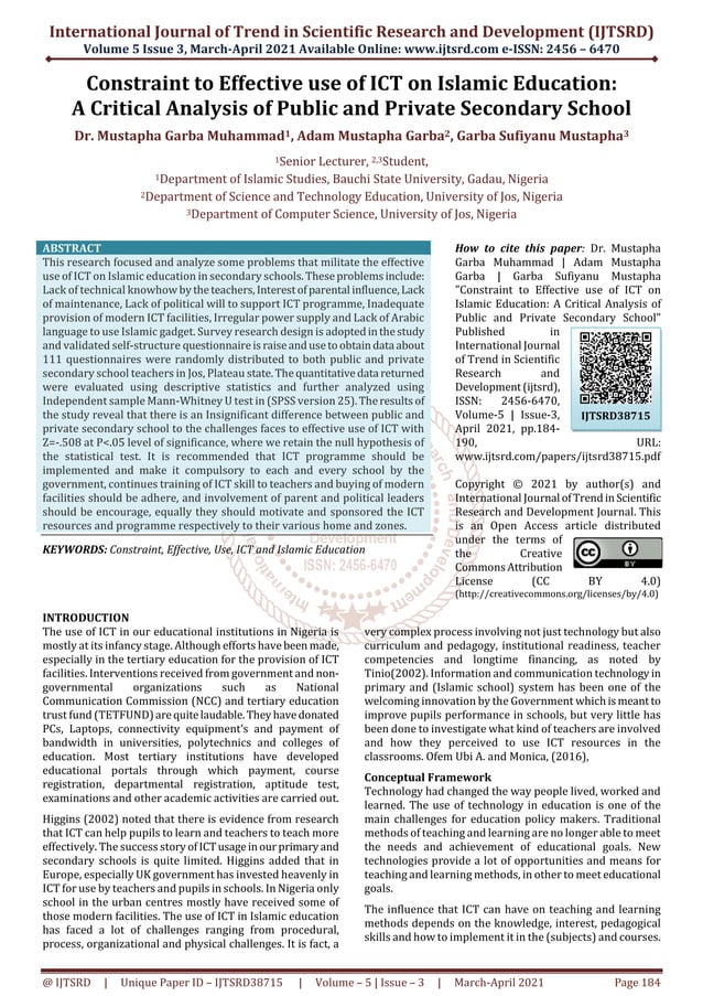 Constraint to Effective use of ICT on Islamic Education A Critical ...