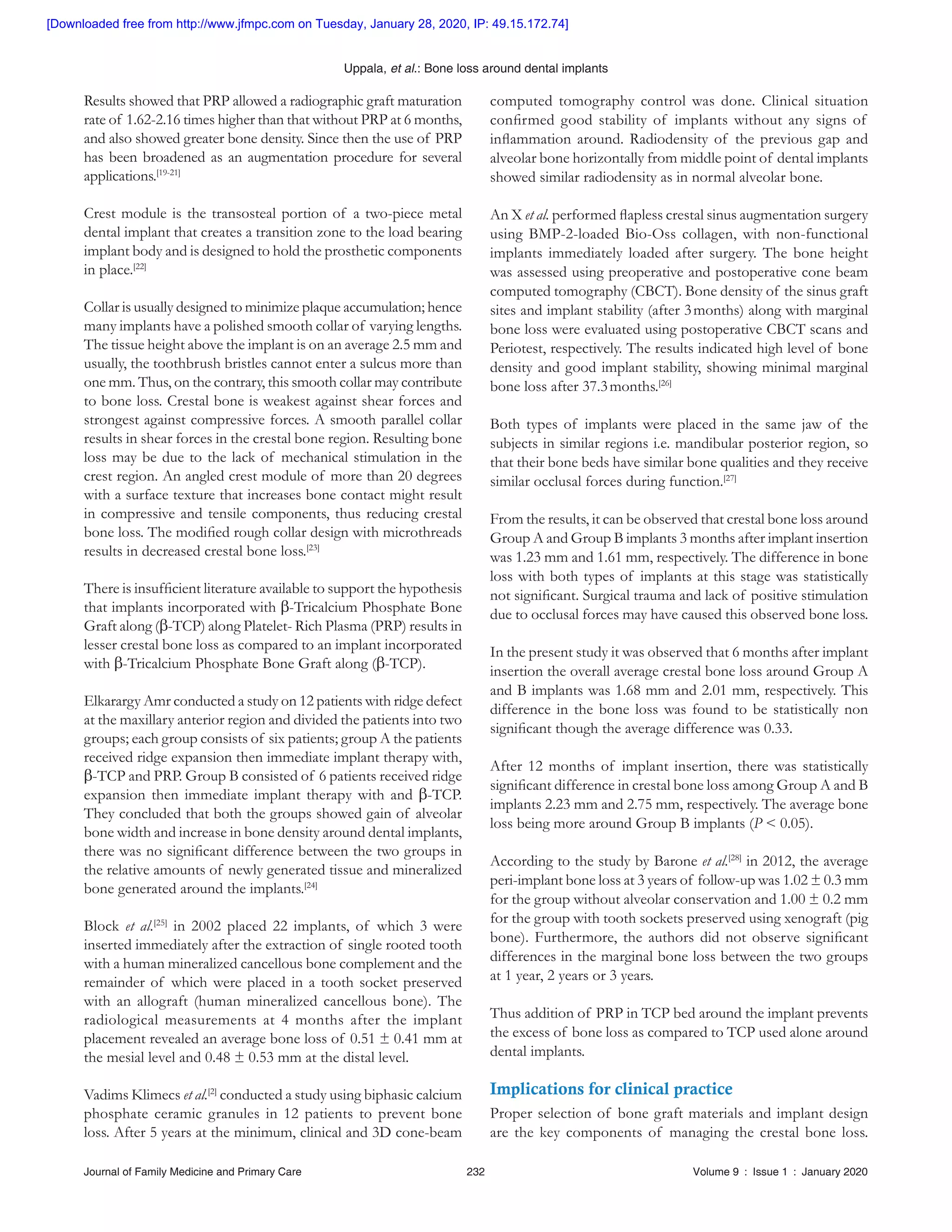 Crestal bone loss around dental implants after implantation of Tricalcium phosphate and Platelet ...