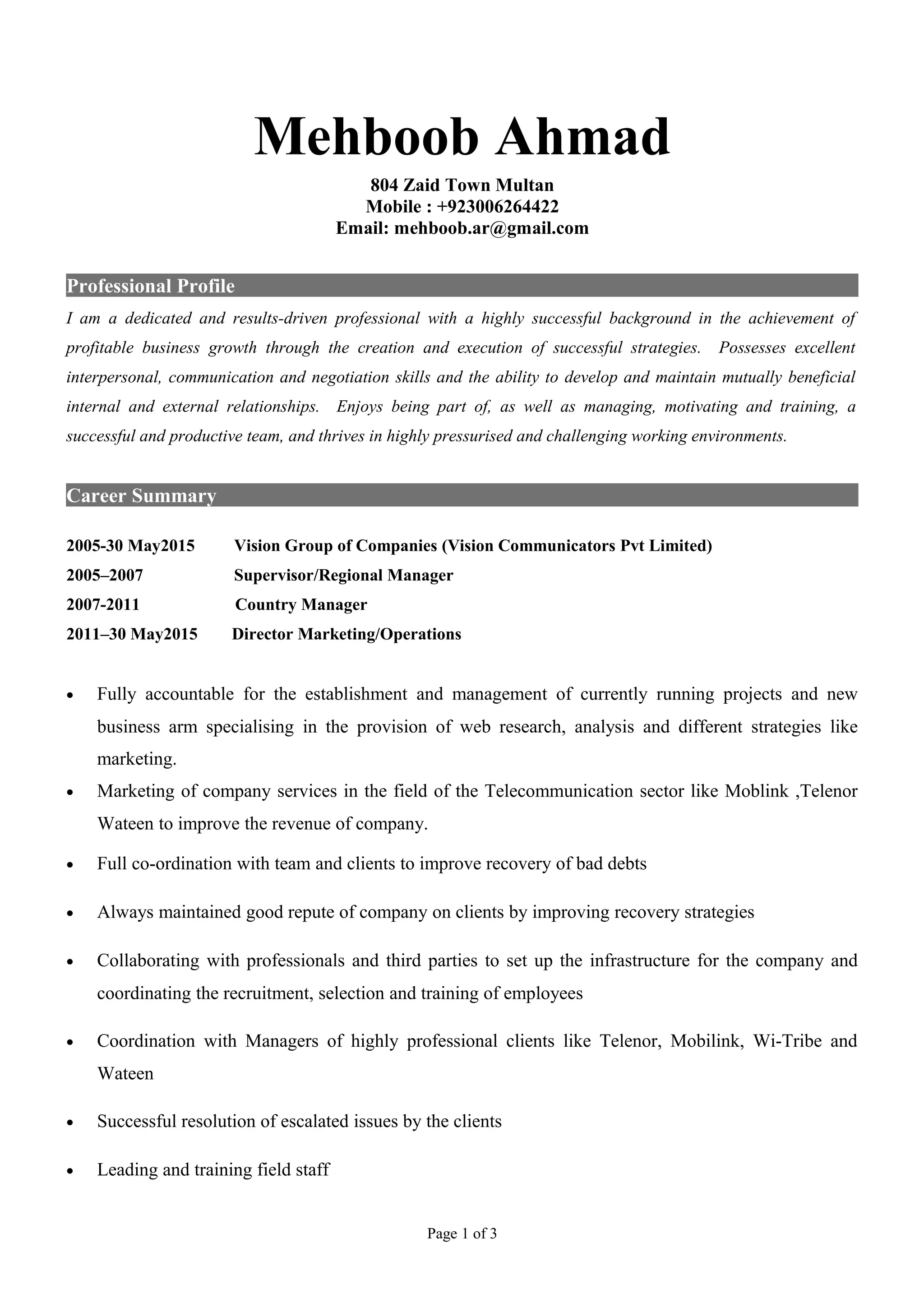 CV Mehboob Ahmad | PDF