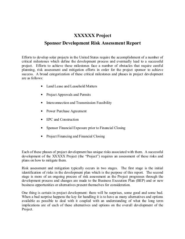 Example Sponsor Development Risk Assessment Report