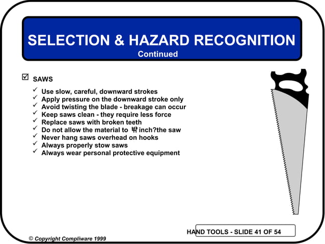 HAND TOOL SAFETY Safety training Hand Tool Safety | PPT