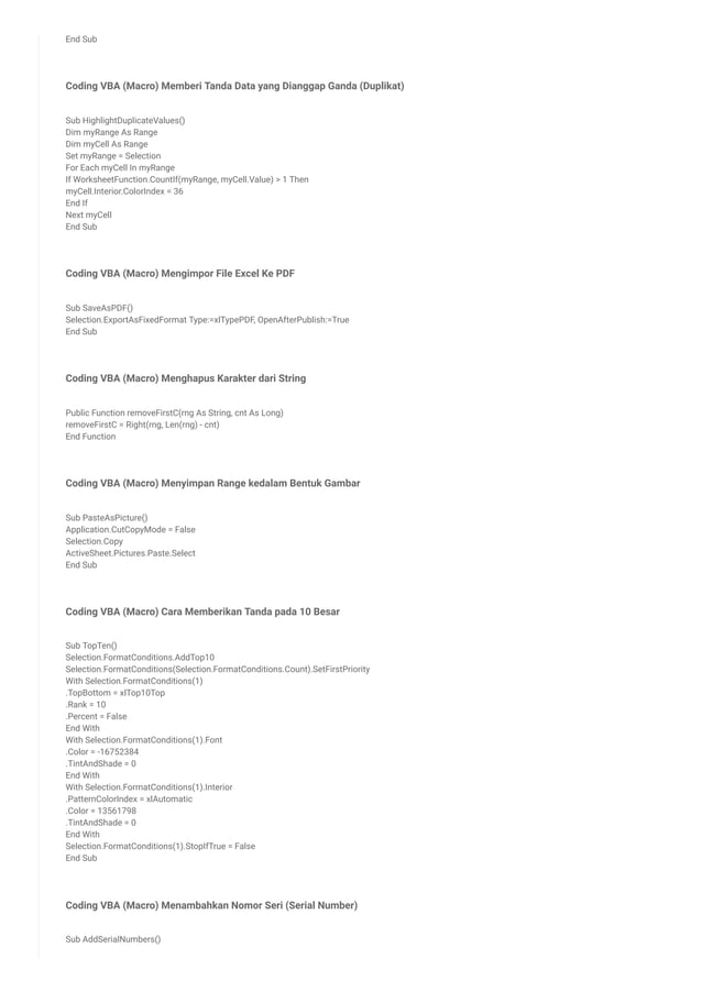 32 jenis kode vba (macro) excel yang perlu diketahui | PDF | Programming Languages | Computing