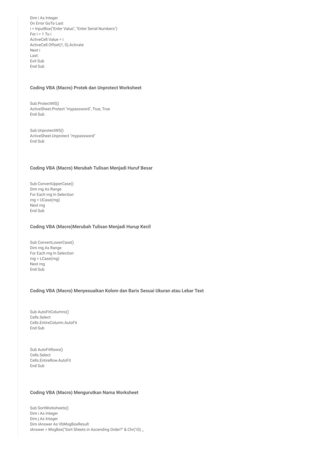 32 jenis kode vba (macro) excel yang perlu diketahui | PDF | Programming Languages | Computing