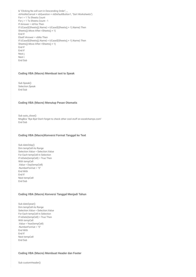 32 jenis kode vba (macro) excel yang perlu diketahui | PDF | Programming Languages | Computing