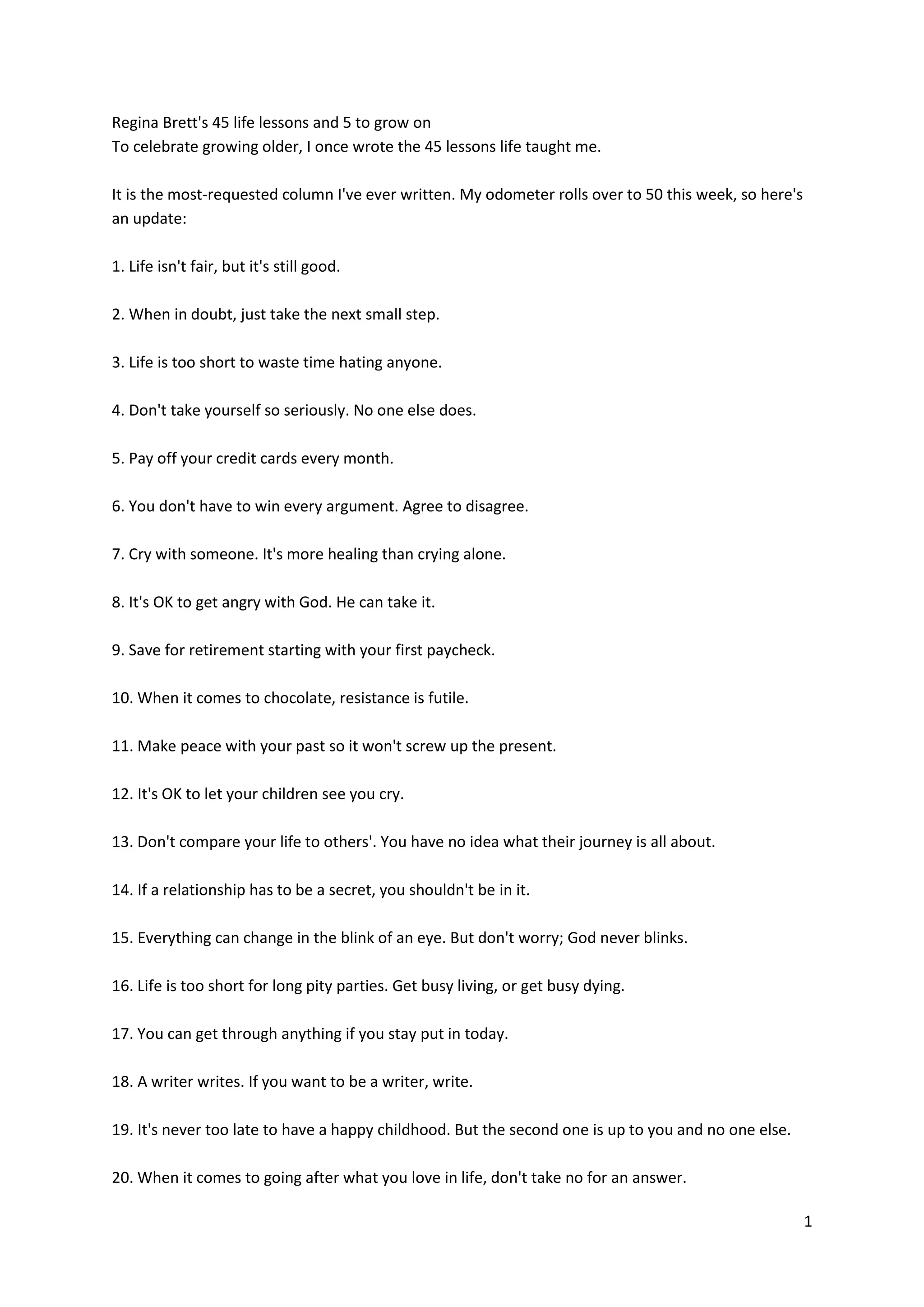 32 Life Lessons Regina Brett Pdf