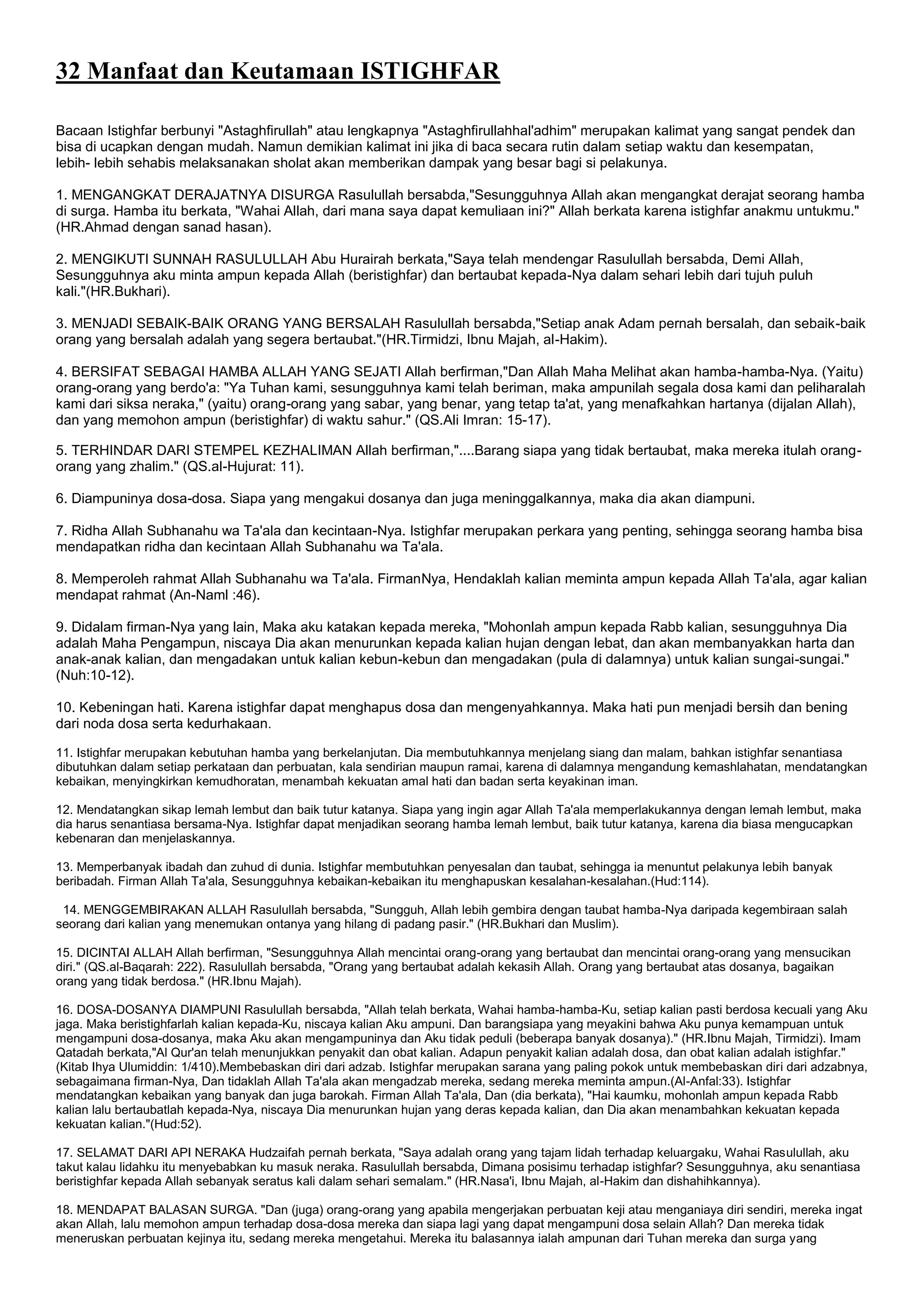 32 manfaat dan keutamaan istighfar | DOCX