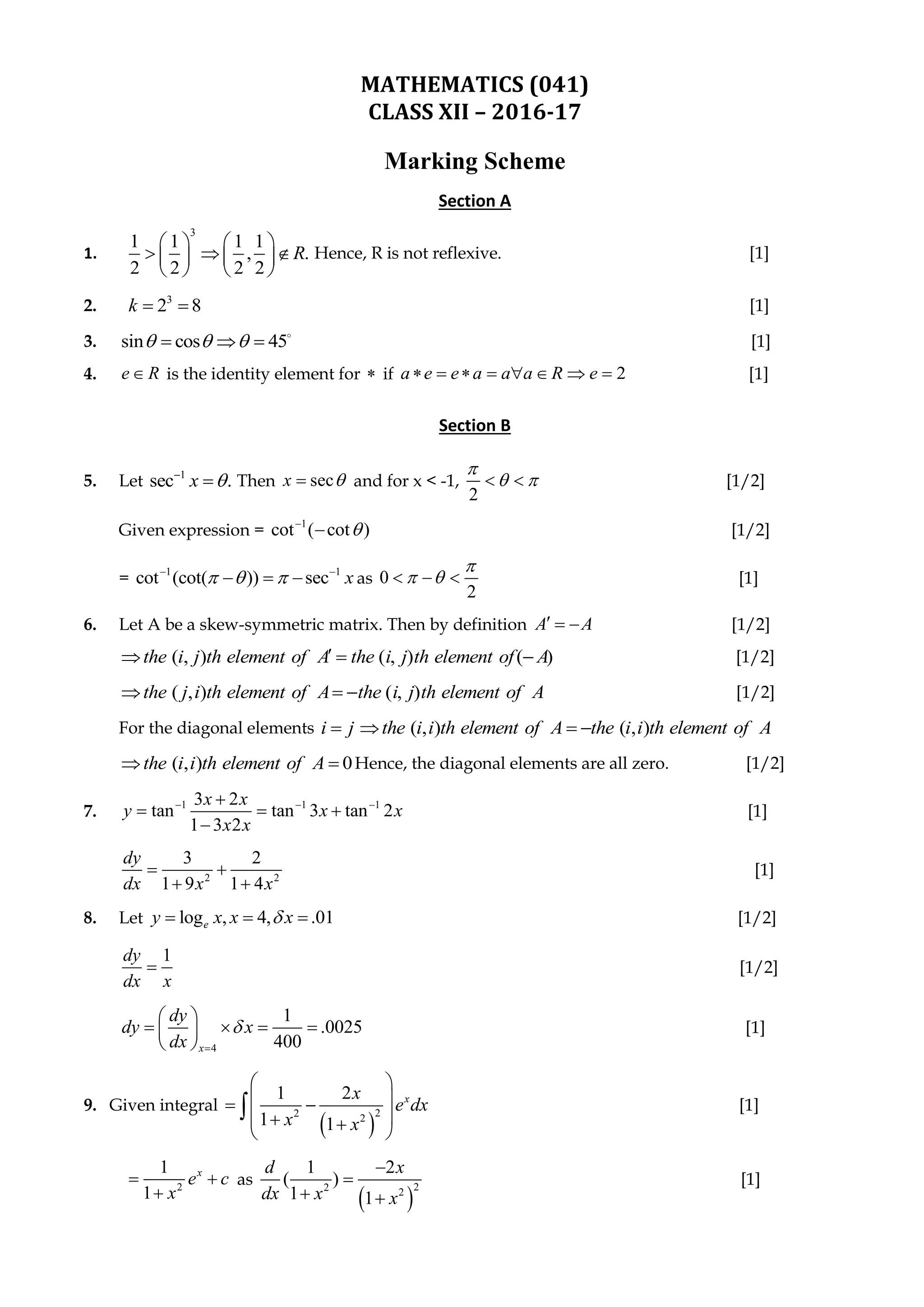 Changed pattern of CBSE Class XII Mathematics -2016-17-with_marking_scheme | PDF