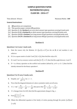 Changed pattern of CBSE Class XII Mathematics -2016-17-with_marking_scheme | PDF