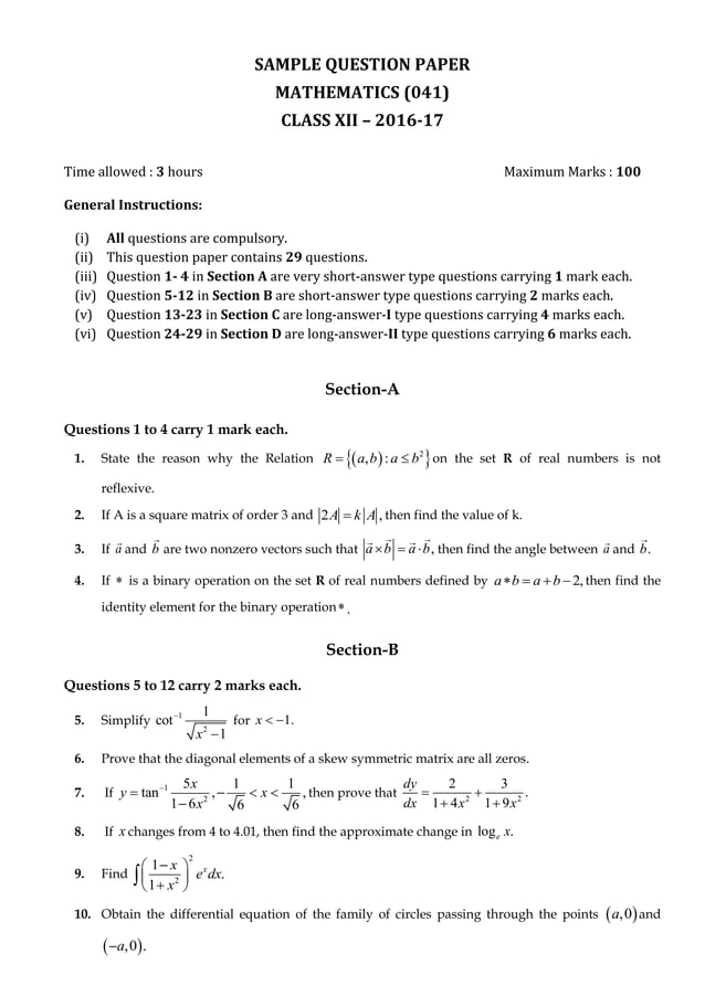 Changed pattern of CBSE Class XII Mathematics -2016-17-with_marking_scheme | PDF