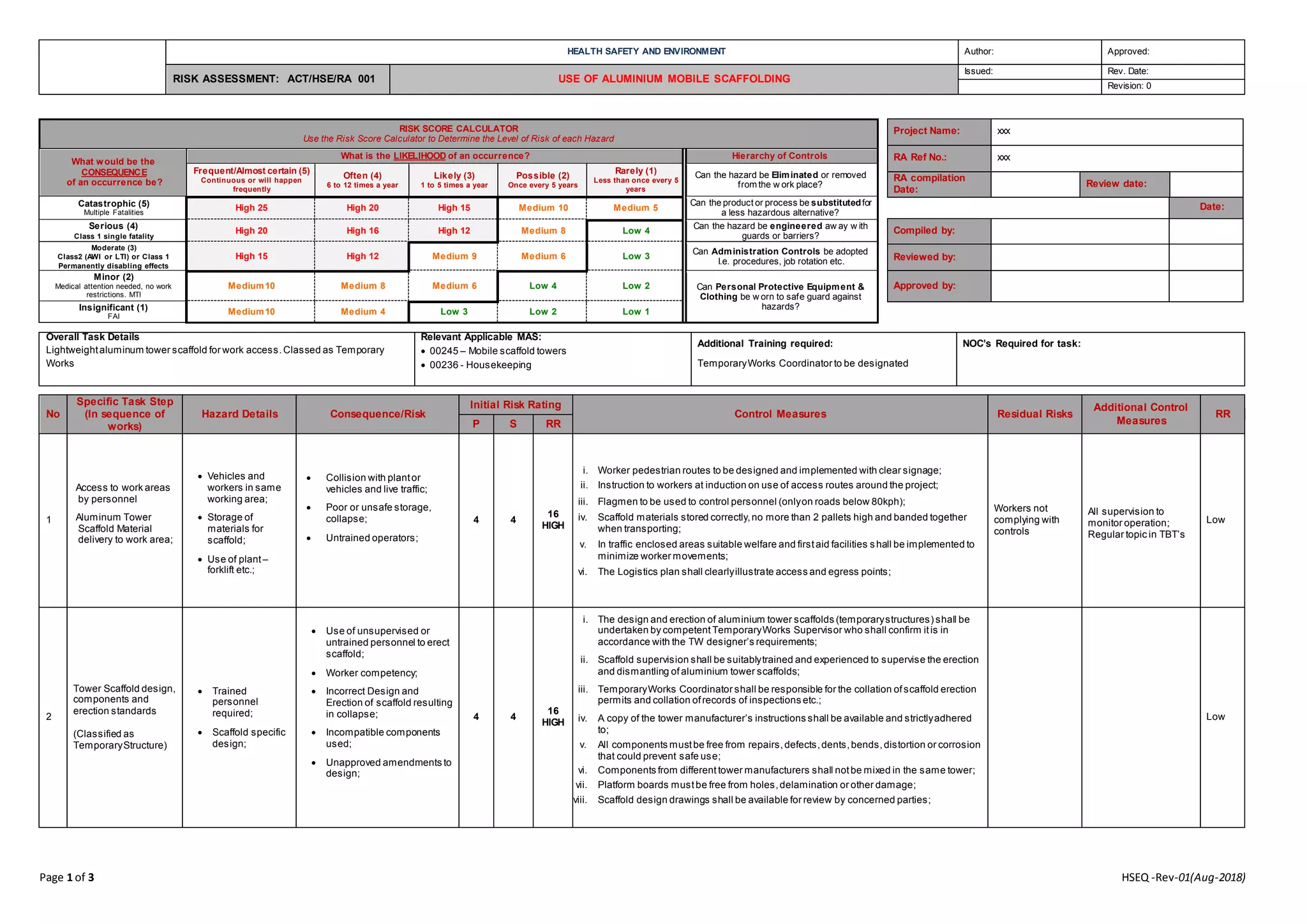 32 use of aluminium mobile scaffolding risk assessment templates | DOCX