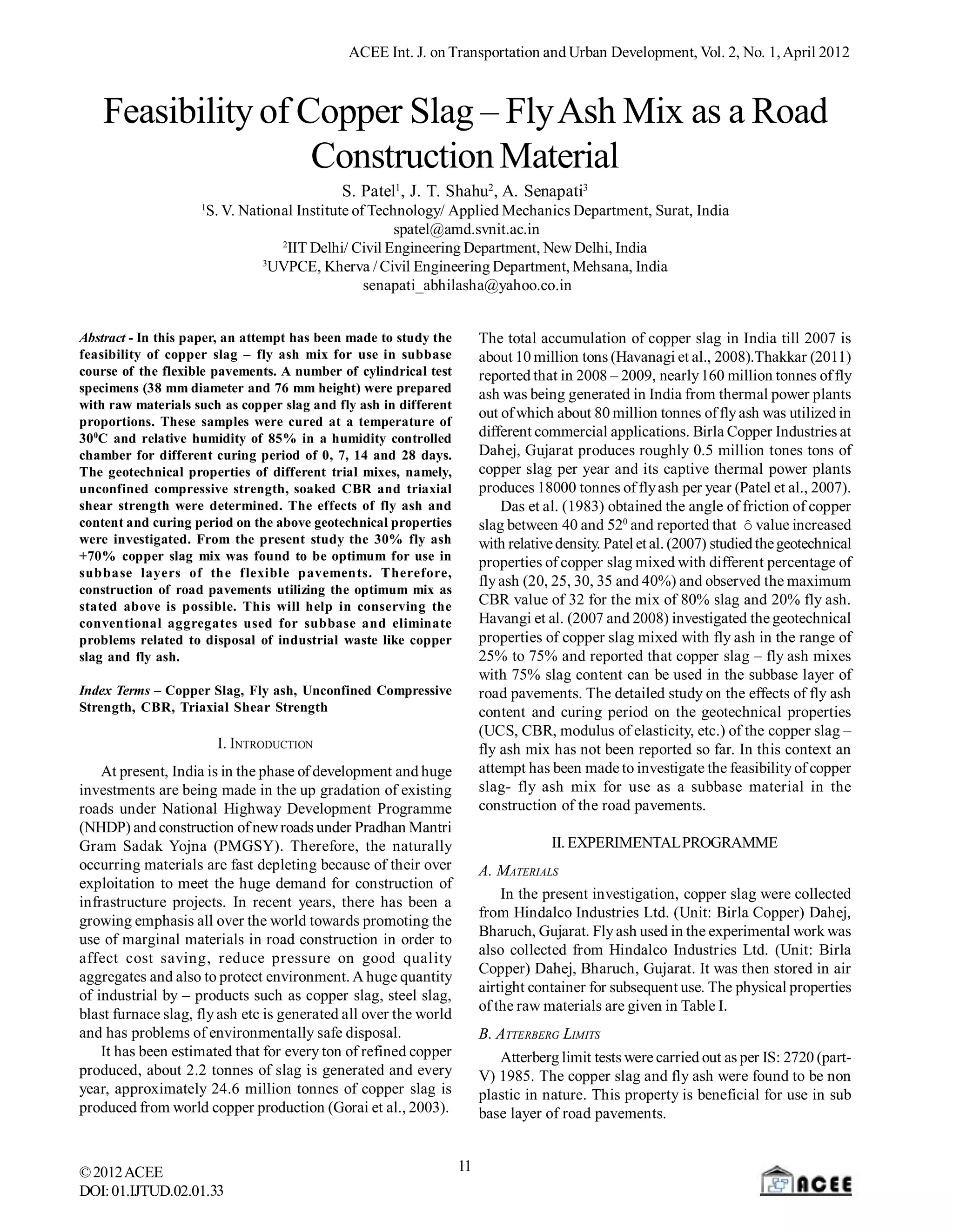 Feasibility of Copper Slag – Fly Ash Mix as a Road Construction ...
