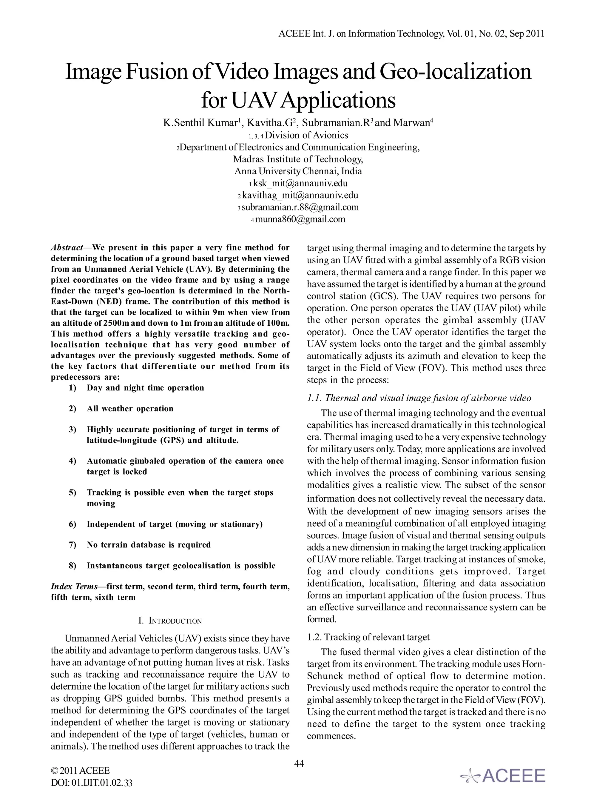 Image Fusion of Video Images and Geo-localization for UAV Applications | PDF