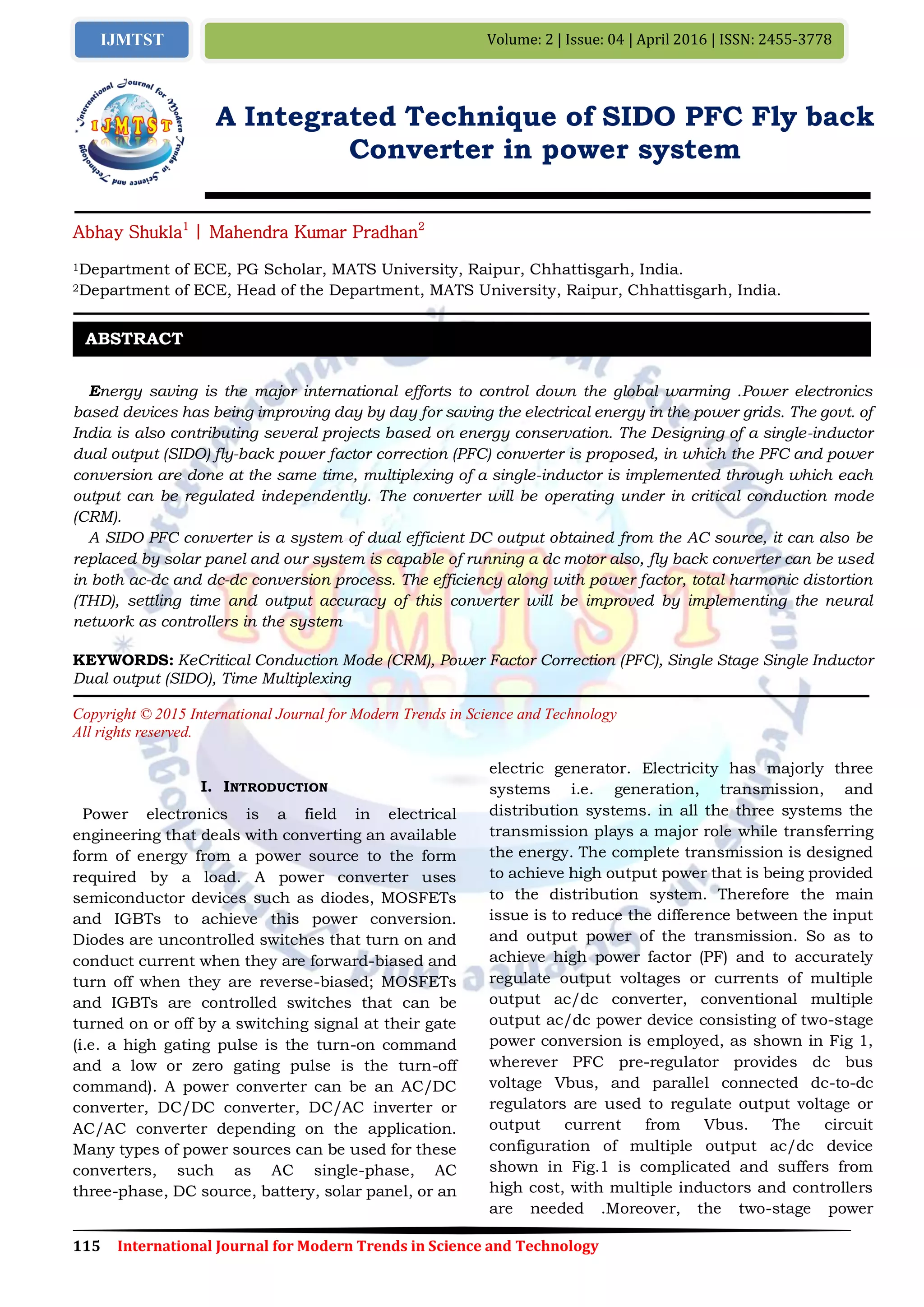 A Integrated Technique of SIDO PFC Fly back Converter in power system | PDF