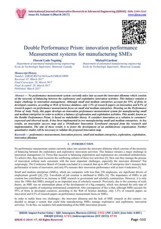 Double Performance Prism: innovation performance Measurement systems for manufacturing SMEs ...