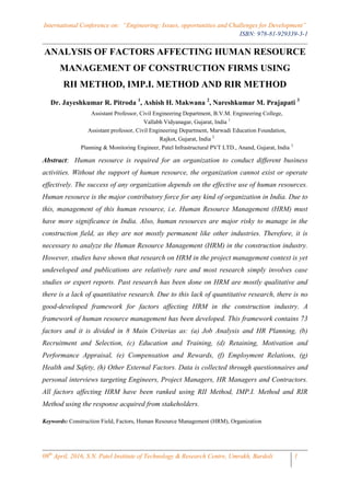ANALYSIS OF FACTORS AFFECTING HUMAN RESOURCE MANAGEMENT OF CONSTRUCTION ...