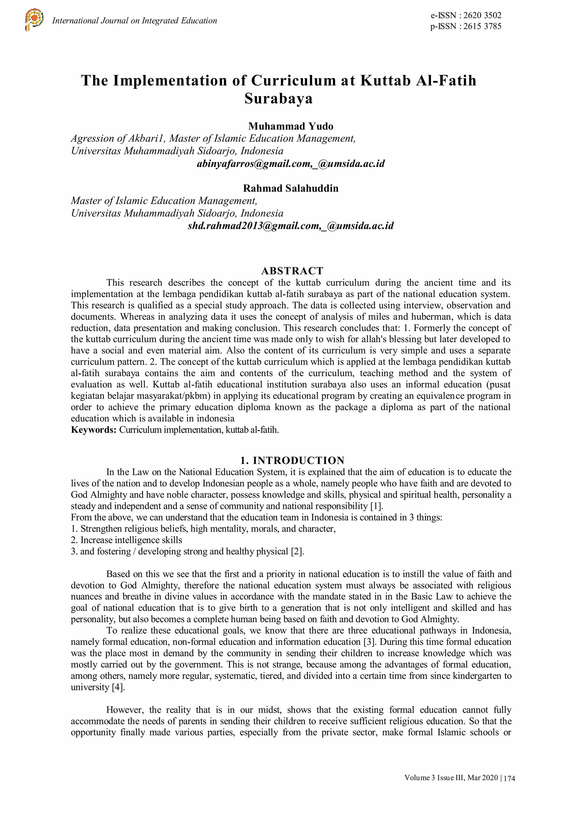 The Implementation of Curriculum at Kuttab Al-Fatih Surabaya | PDF | Islam | Religion & Spirituality