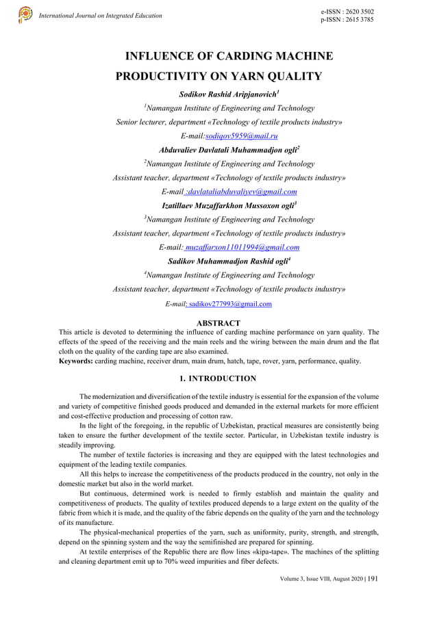Influence of carding machine productivity on yarn quality | PDF