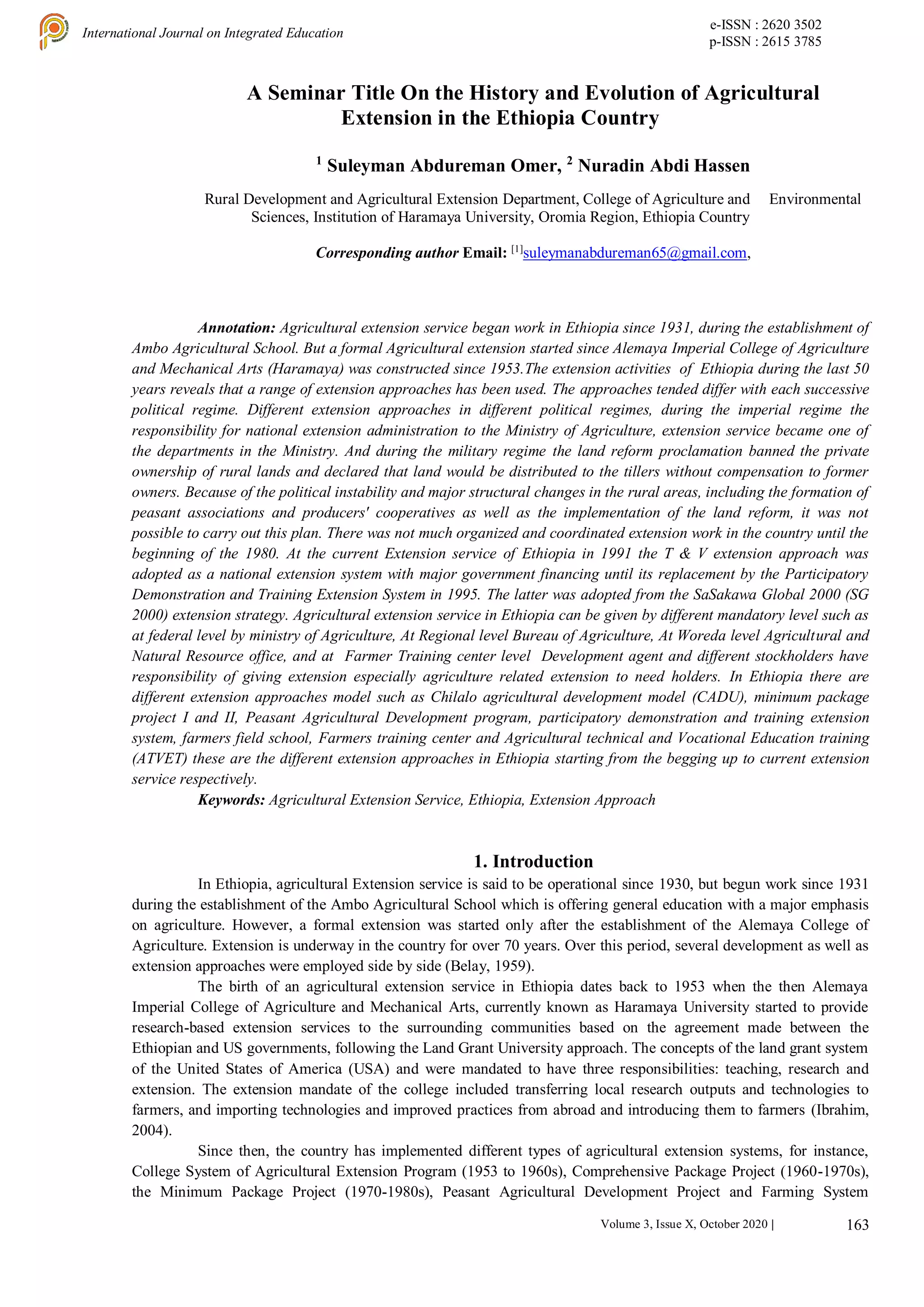A Seminar Title On the History and Evolution of Agricultural Extension ...