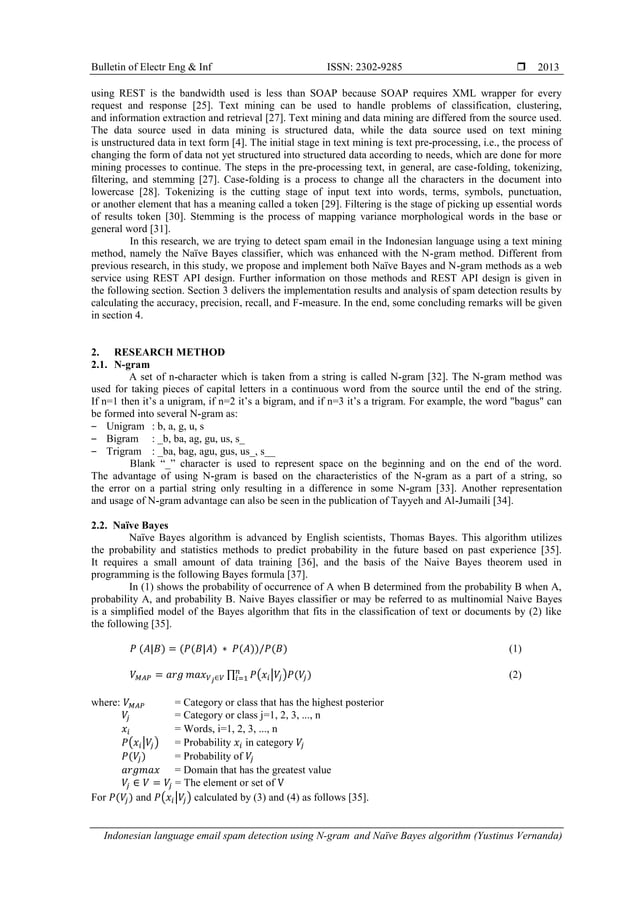Indonesian language email spam detection using N-gram and Naïve Bayes algorithm | PDF