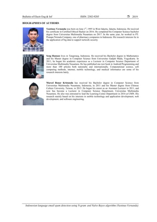 Indonesian language email spam detection using N-gram and Naïve Bayes algorithm | PDF