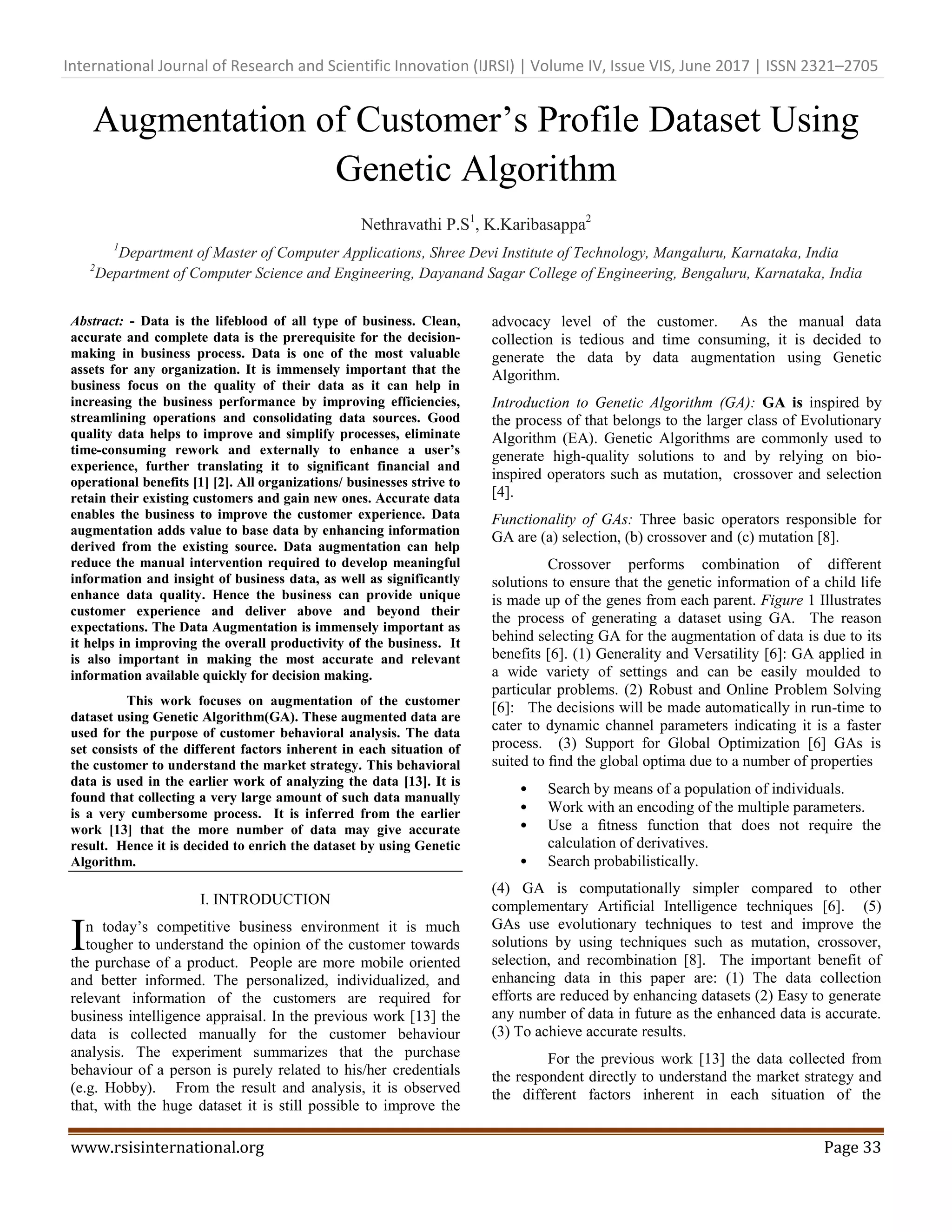 Augmentation of Customer’s Profile Dataset Using Genetic Algorithm | PDF