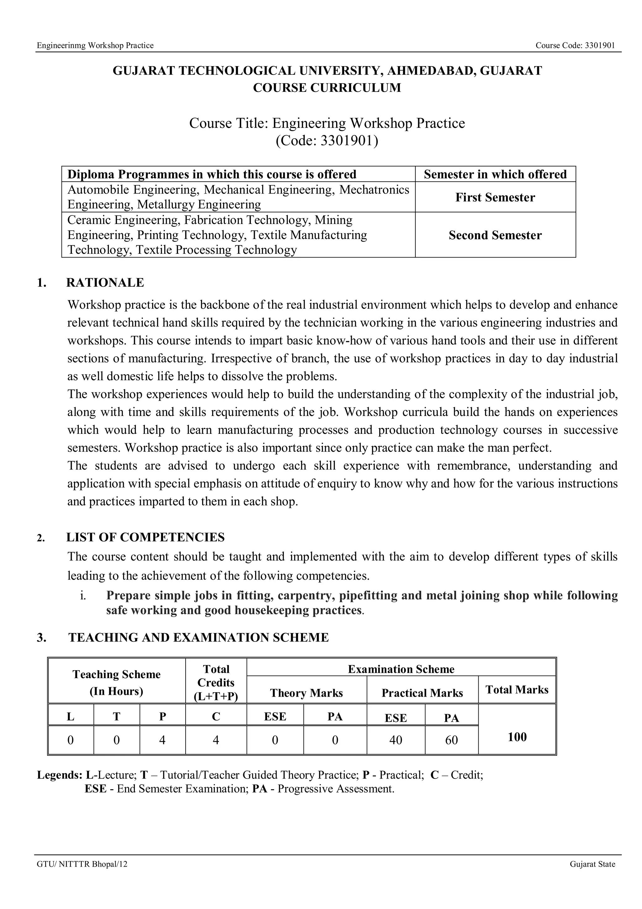 3301901 engineering workshop practice | PDF