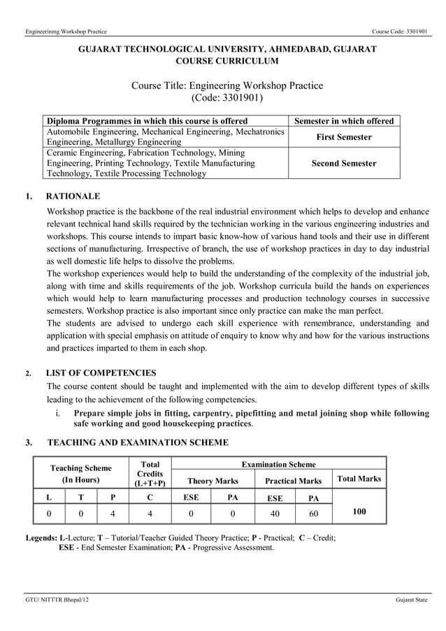 3301901 engineering workshop practice | PDF