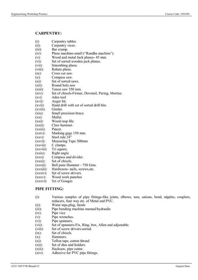 3301901 engineering workshop practice | PDF