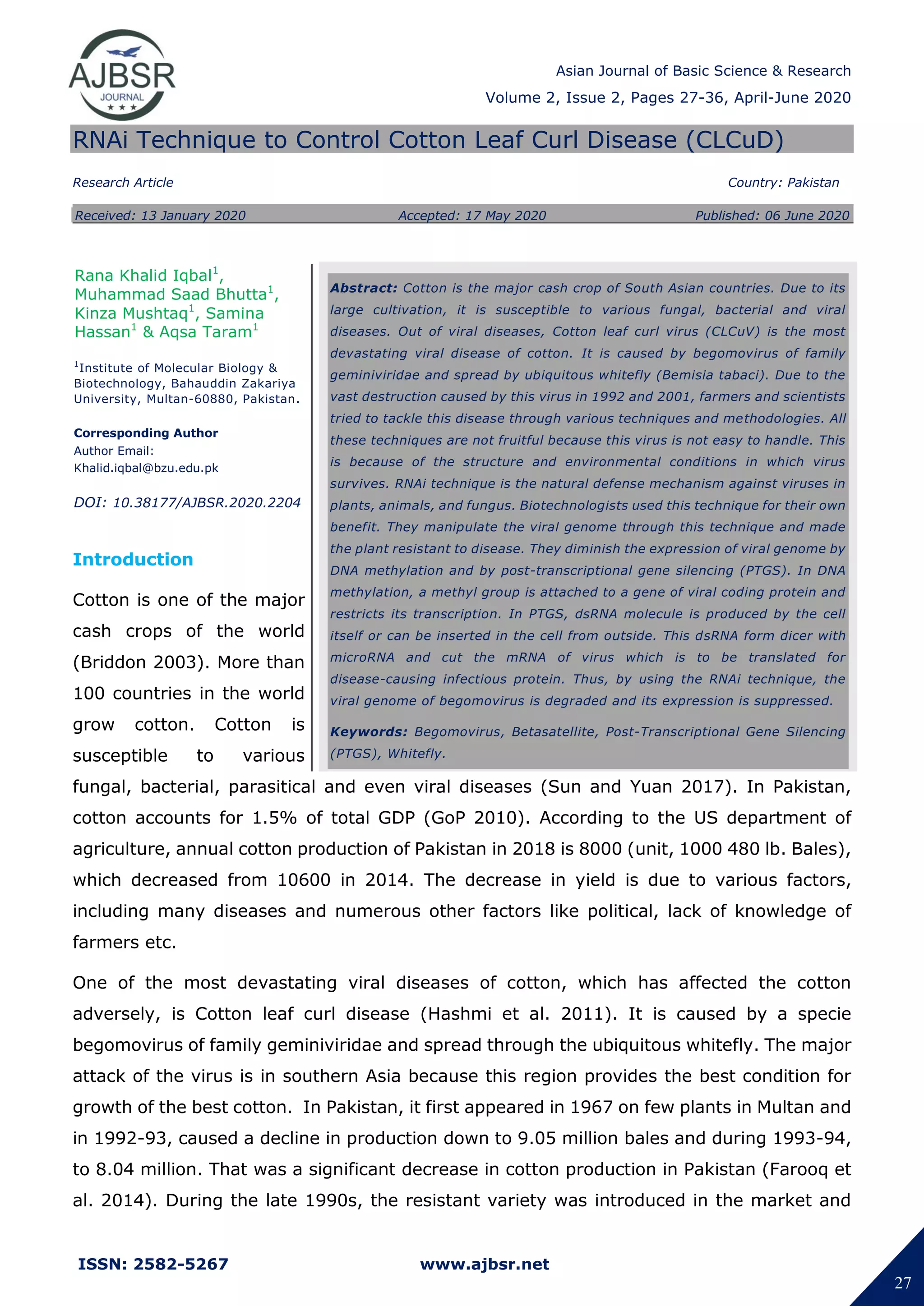 RNAi Technique to Control Cotton Leaf Curl Disease (CLCuD) | PDF