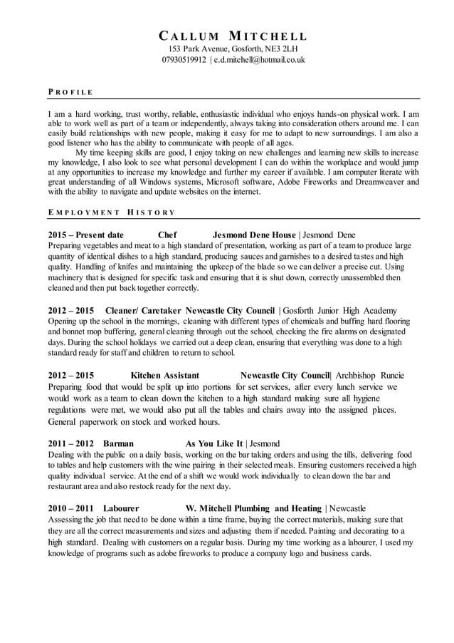 callum mitchell - CV | DOCX | Secondary Education | Education