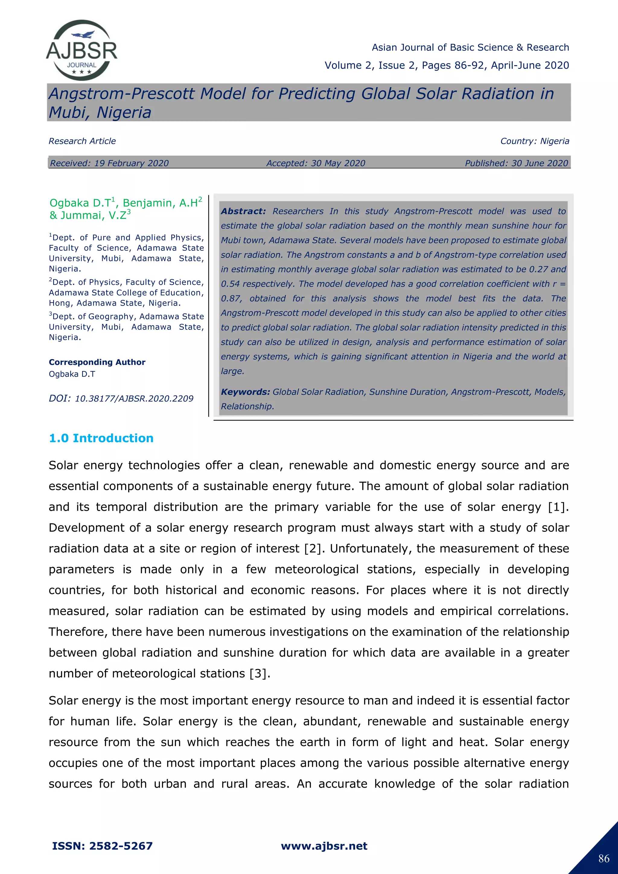 Angstrom-Prescott Model for Predicting Global Solar Radiation in Mubi, Nigeria | PDF