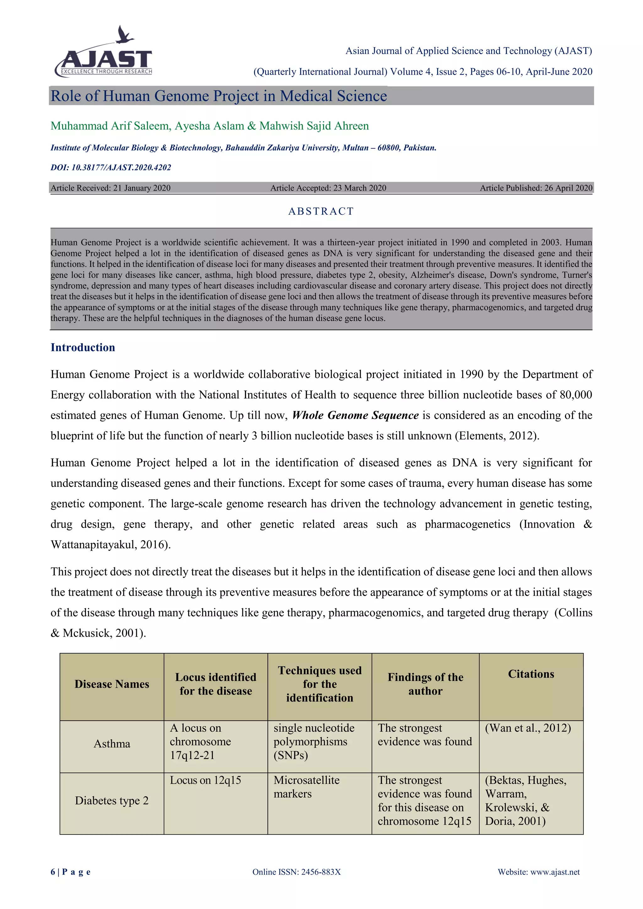 Role of Human Genome Project in Medical Science | PDF