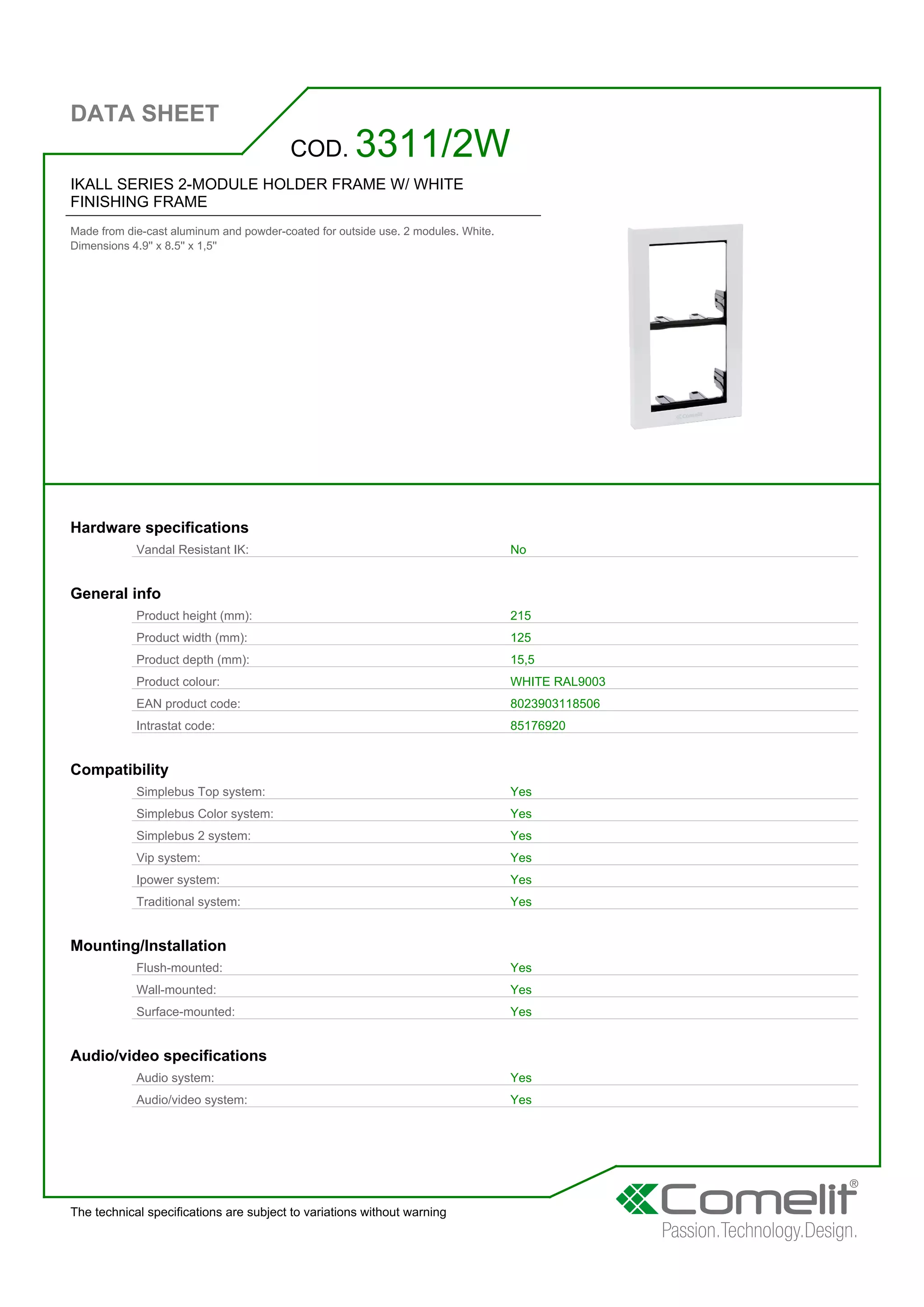 Comelit 3311/2W Data Sheet | PDF