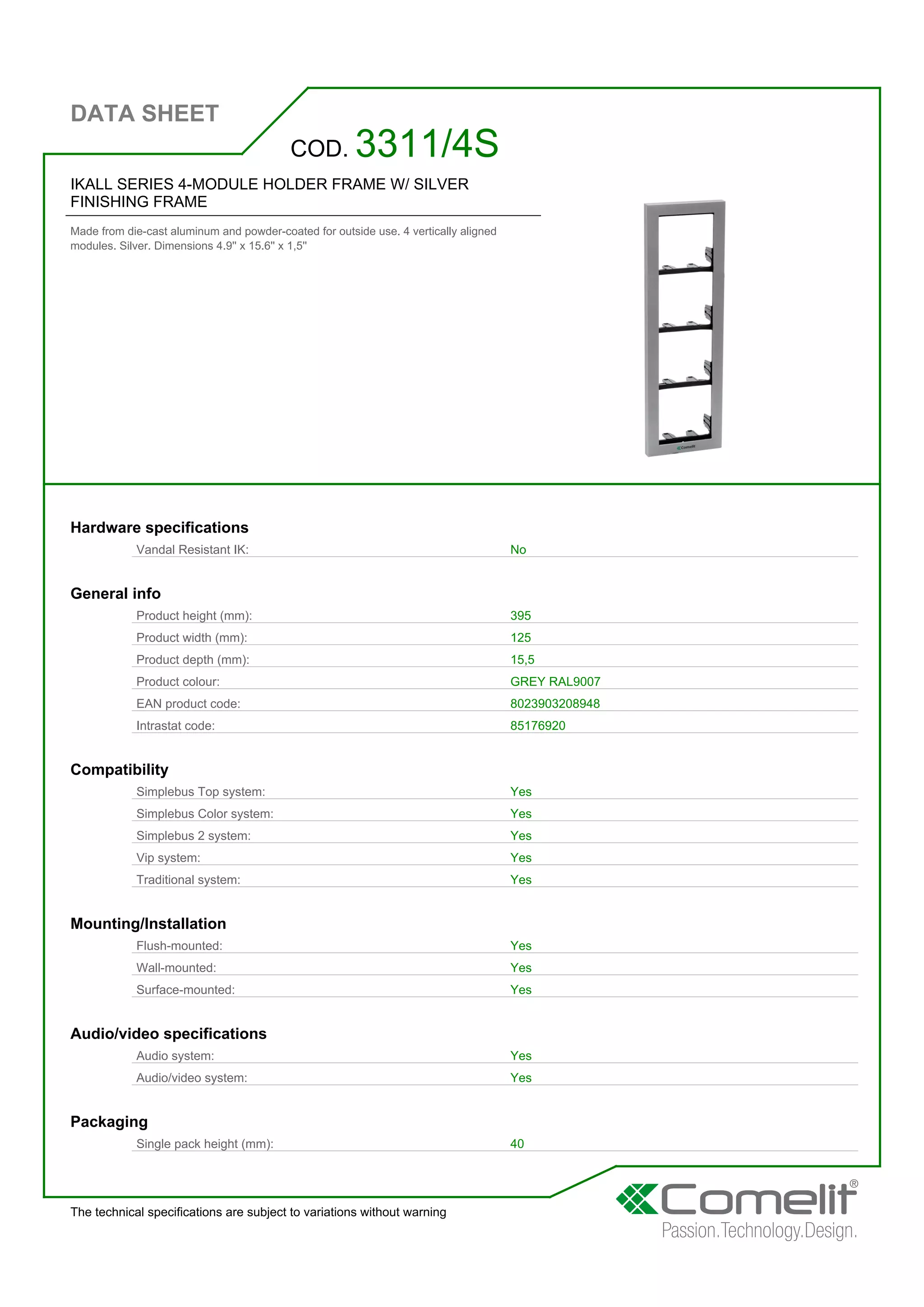 Comelit 3311/4S Data Sheet | PDF