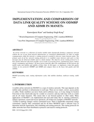 IMPLEMENTATION AND COMPARISION OF DATA LINK QUALITY SCHEME ON ODMRP AND ADMR IN MANETs | PDF ...