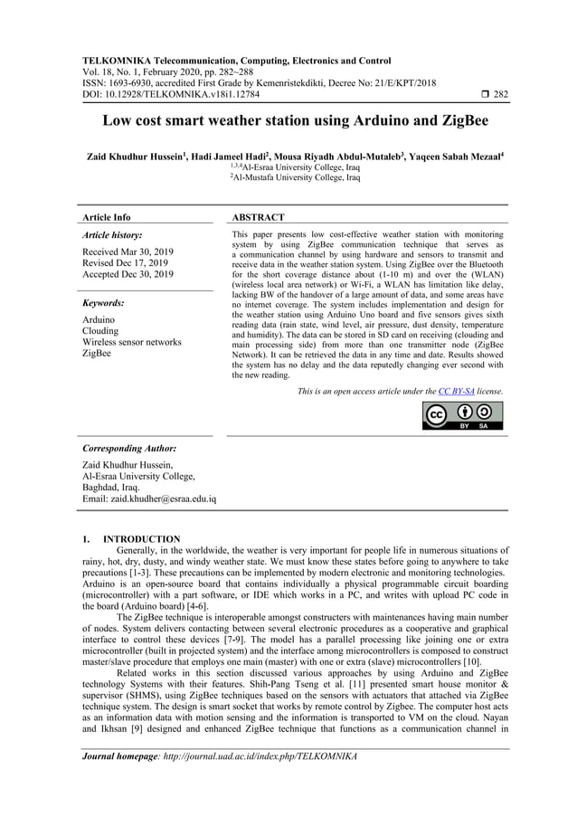 Low cost smart weather station using Arduino and ZigBee | PDF