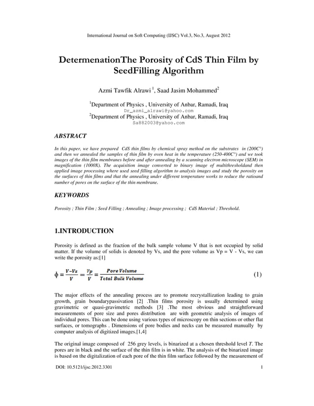 Determenation the Porosity of CDS Thin Film by SeedFilling Algorithm | PDF