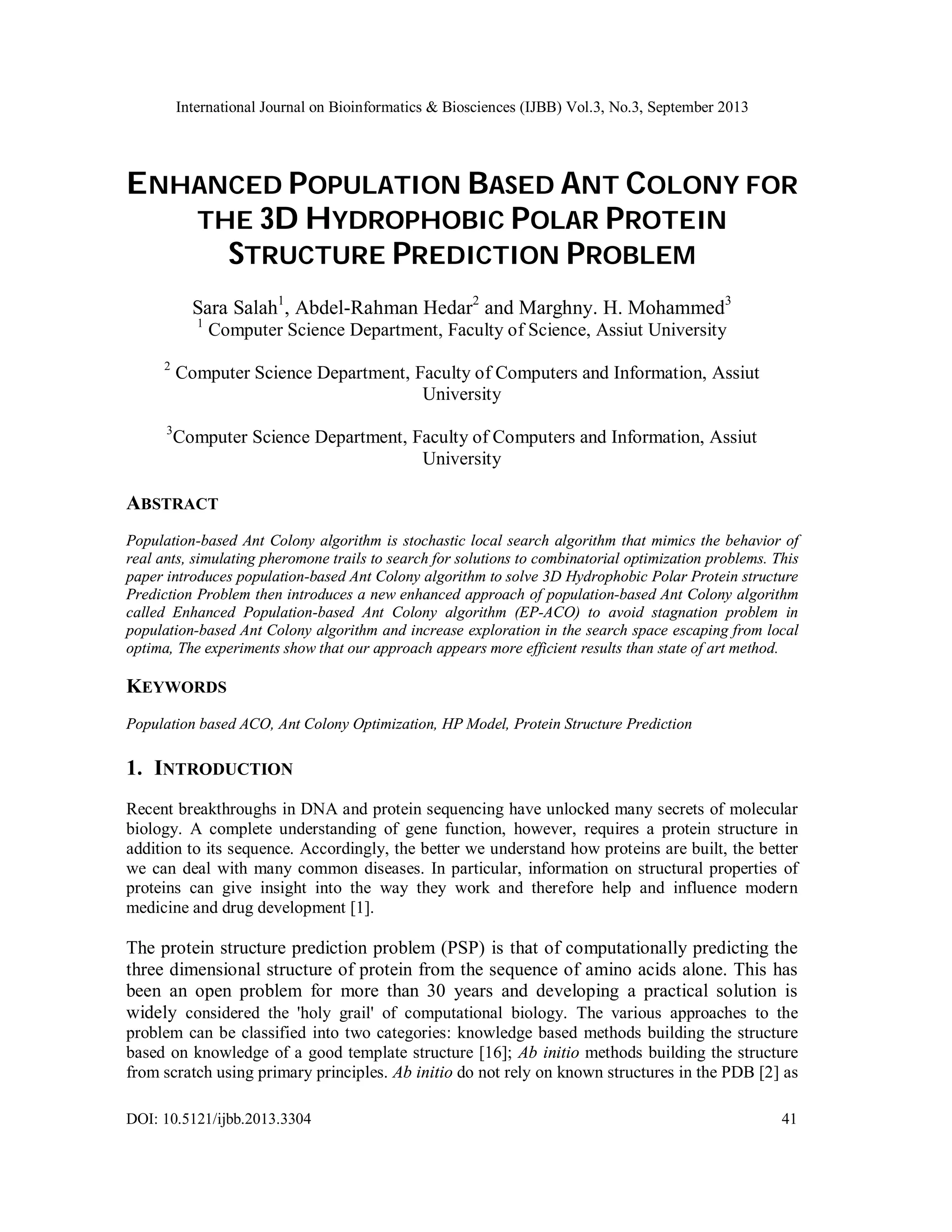 ENHANCED POPULATION BASED ANT COLONY FOR THE 3D HYDROPHOBIC POLAR PROTEIN STRUCTURE PREDICTION ...