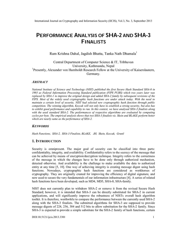 PERFORMANCE ANALYSIS OF SHA-2 AND SHA-3 FINALISTS | PDF | Computer ...